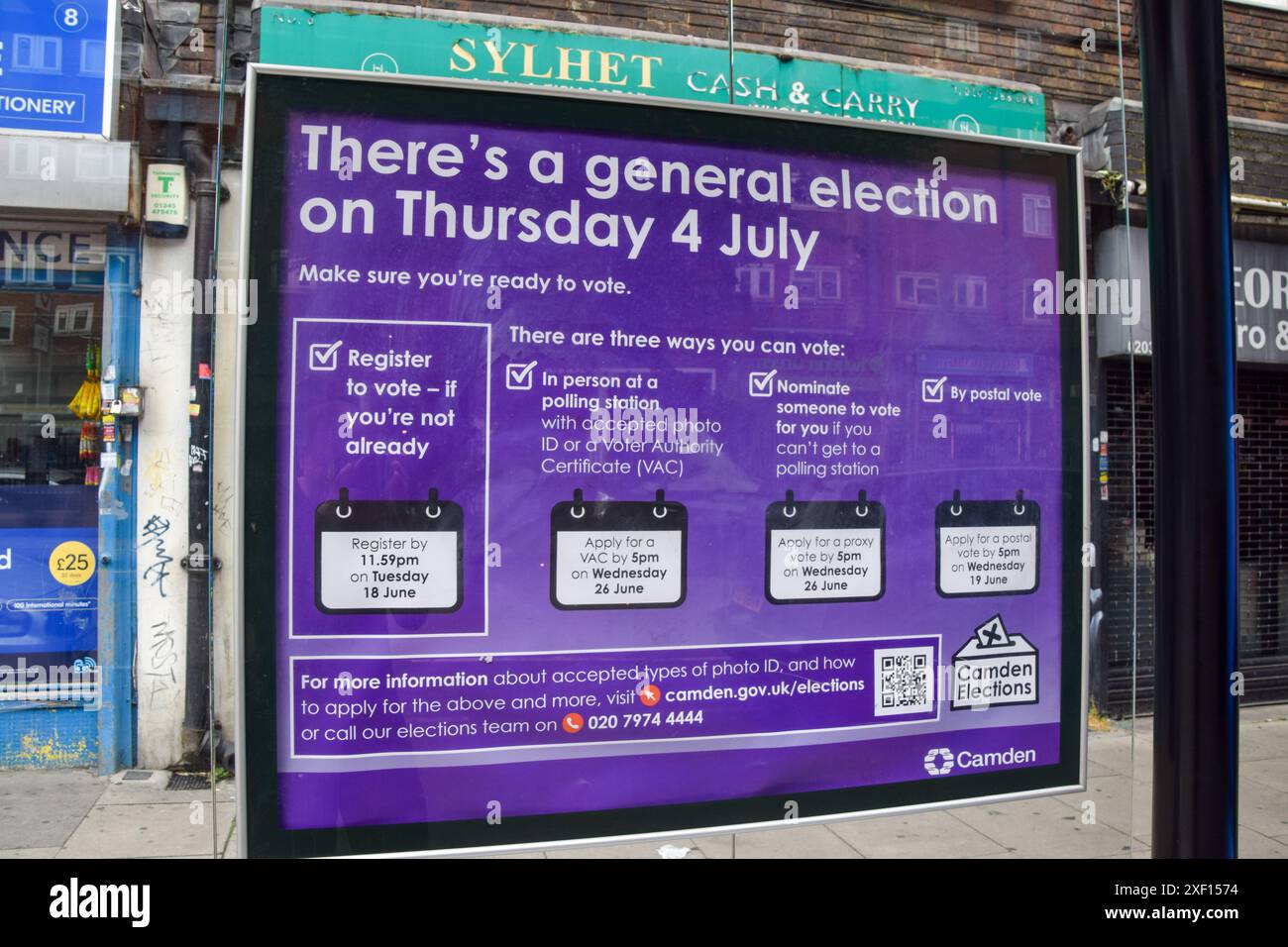 London, UK. 30th June 2024. A poster on a bus stop in Camden displays ...