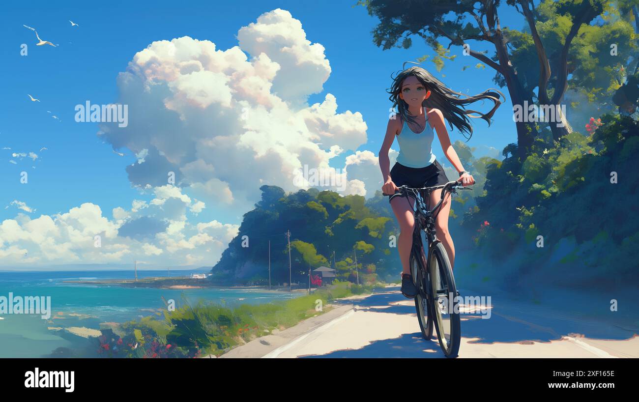 A young woman with long hair riding a bicycle along a scenic coastal ...