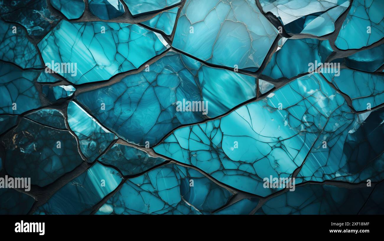 A close-up of a cracked, blue-tinted glass surface with intricate ...
