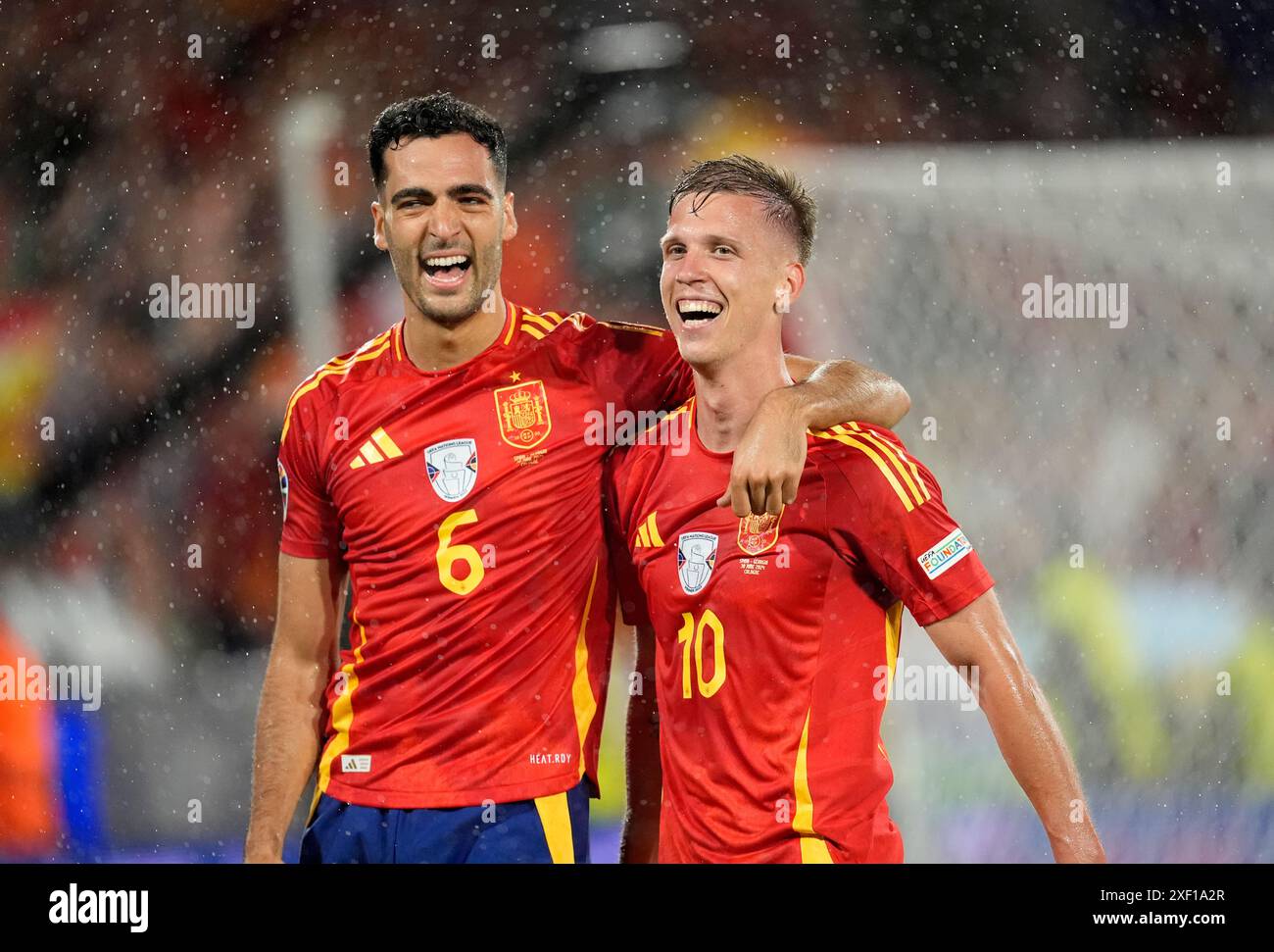 Spain's Dani Olmo (right) celebrates with Spain's Mikel Merino (left ...