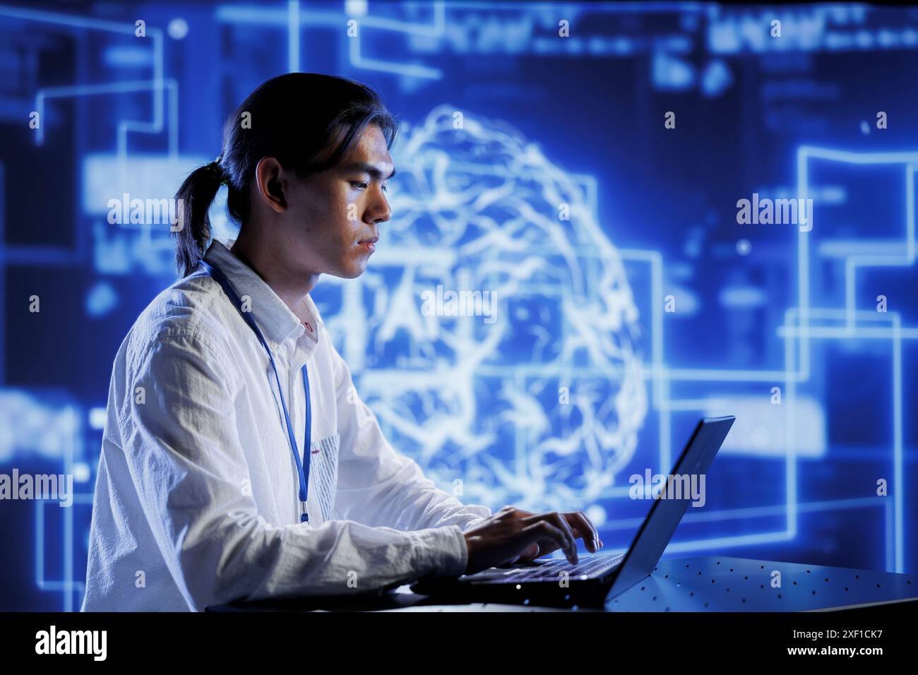 Trained technician in data center uses artificial intelligence ... Trained technician in data center uses artificial intelligence ...