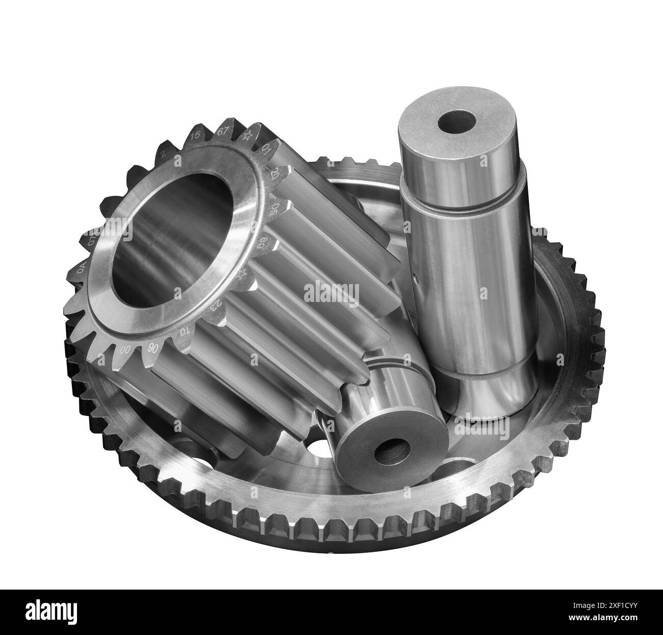 A gear is shown with a silver and black color. The gear is surrounded ...