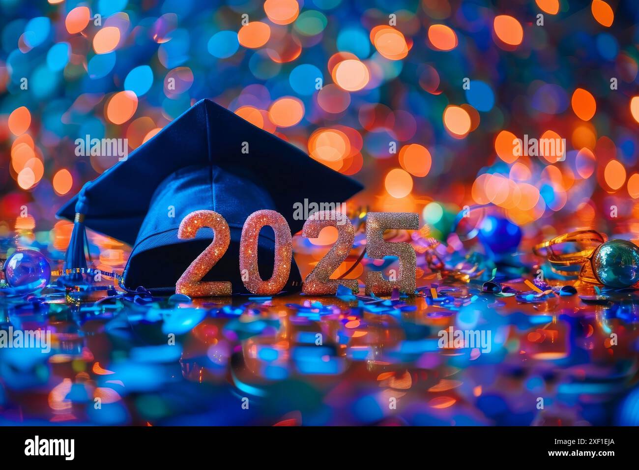 blue graduation cap lying on a surface covered in confetti. The cap has ...