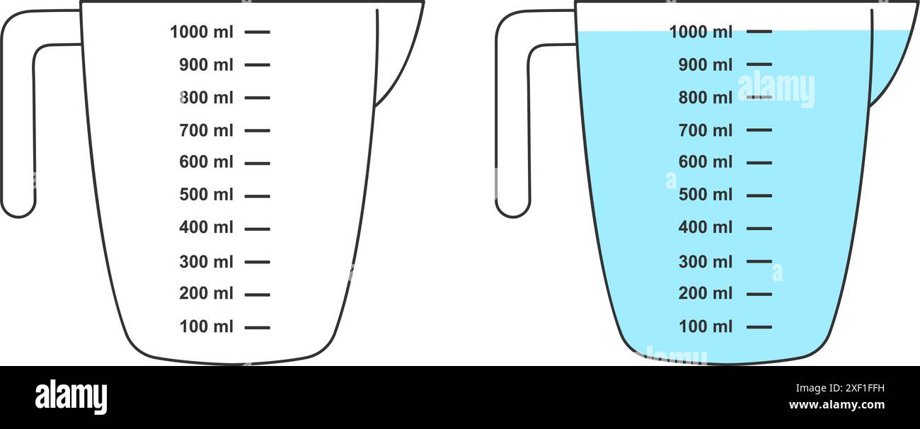 Empty and full measuring cups with a 1 liter volume. Water or other ...