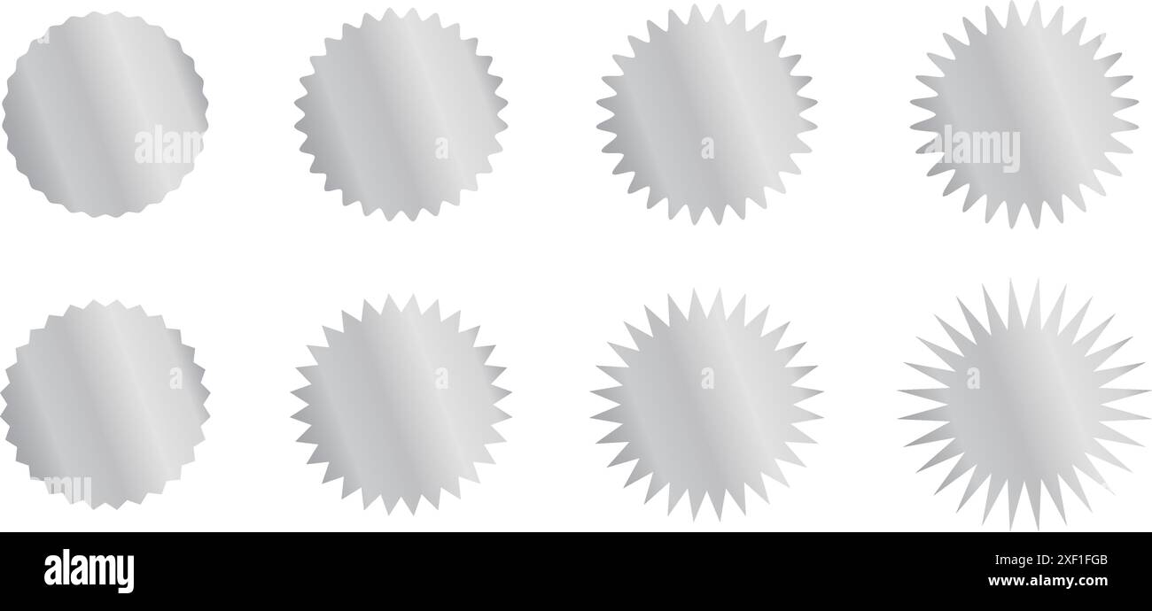 Round silver stickers with wavy and zigzag borders. Shining metallic ...