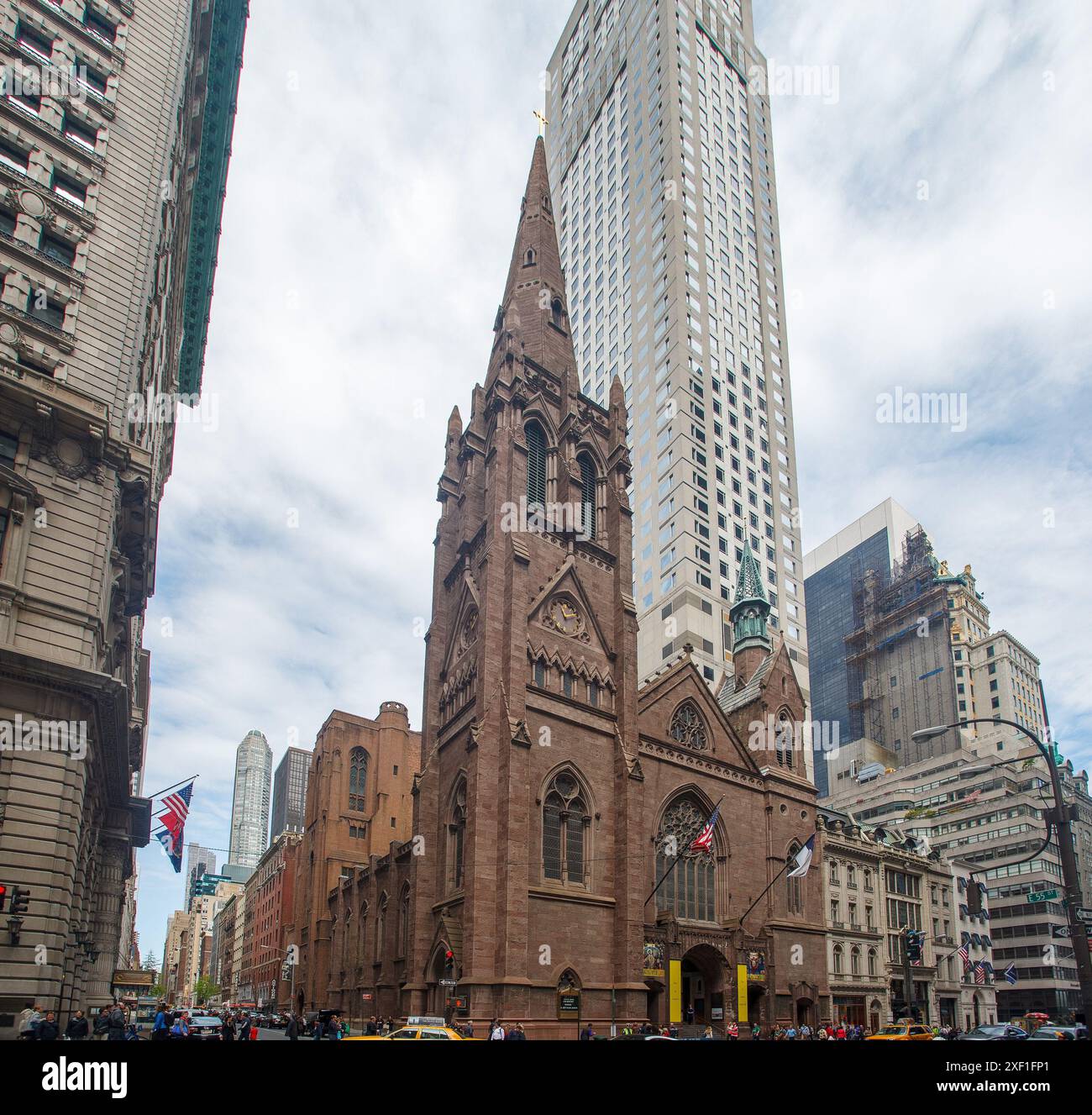 The facade of the historical Presbyterian Church with its long tower at ...