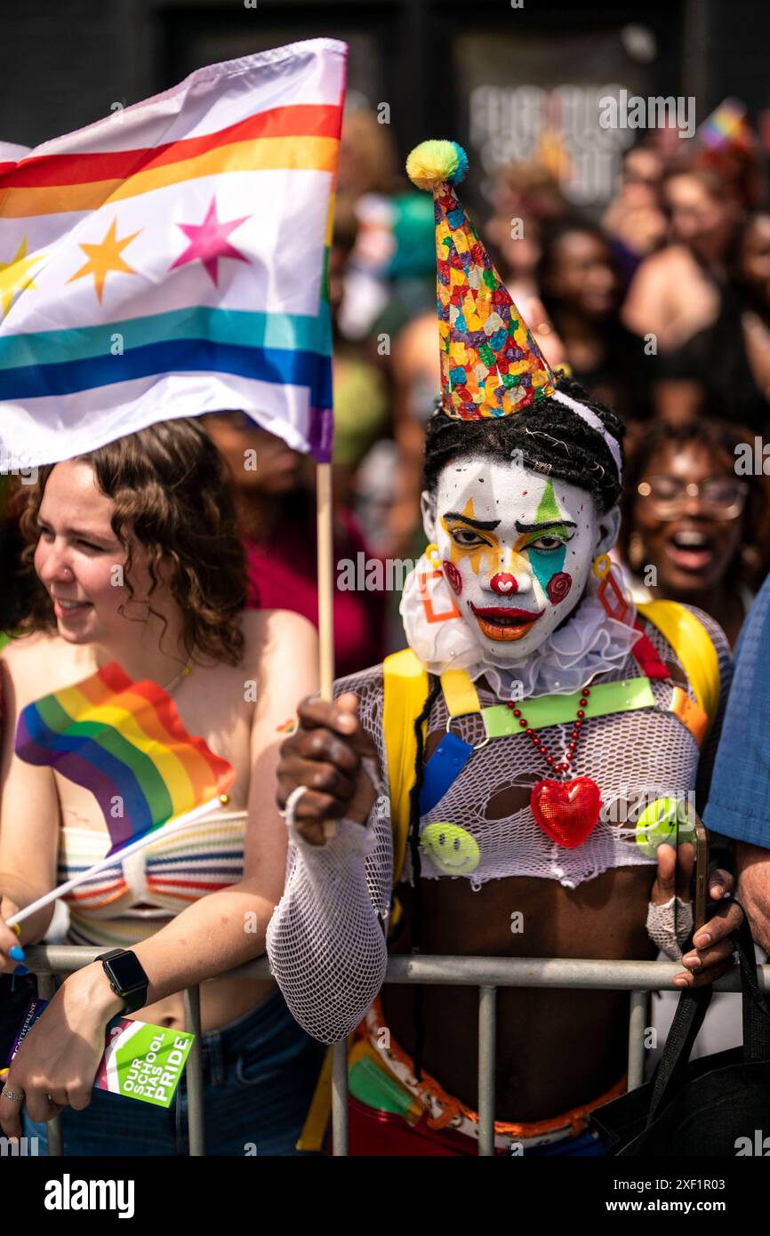 Chicago, USA. June 30, 2024: Chicago Pride Parade-goer costumed in Clown regalia (Credit Image ...