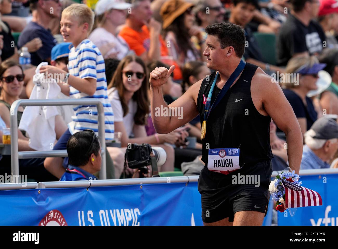 Daniel Haugh celebrates after he competed in the men's hammer throw ...
