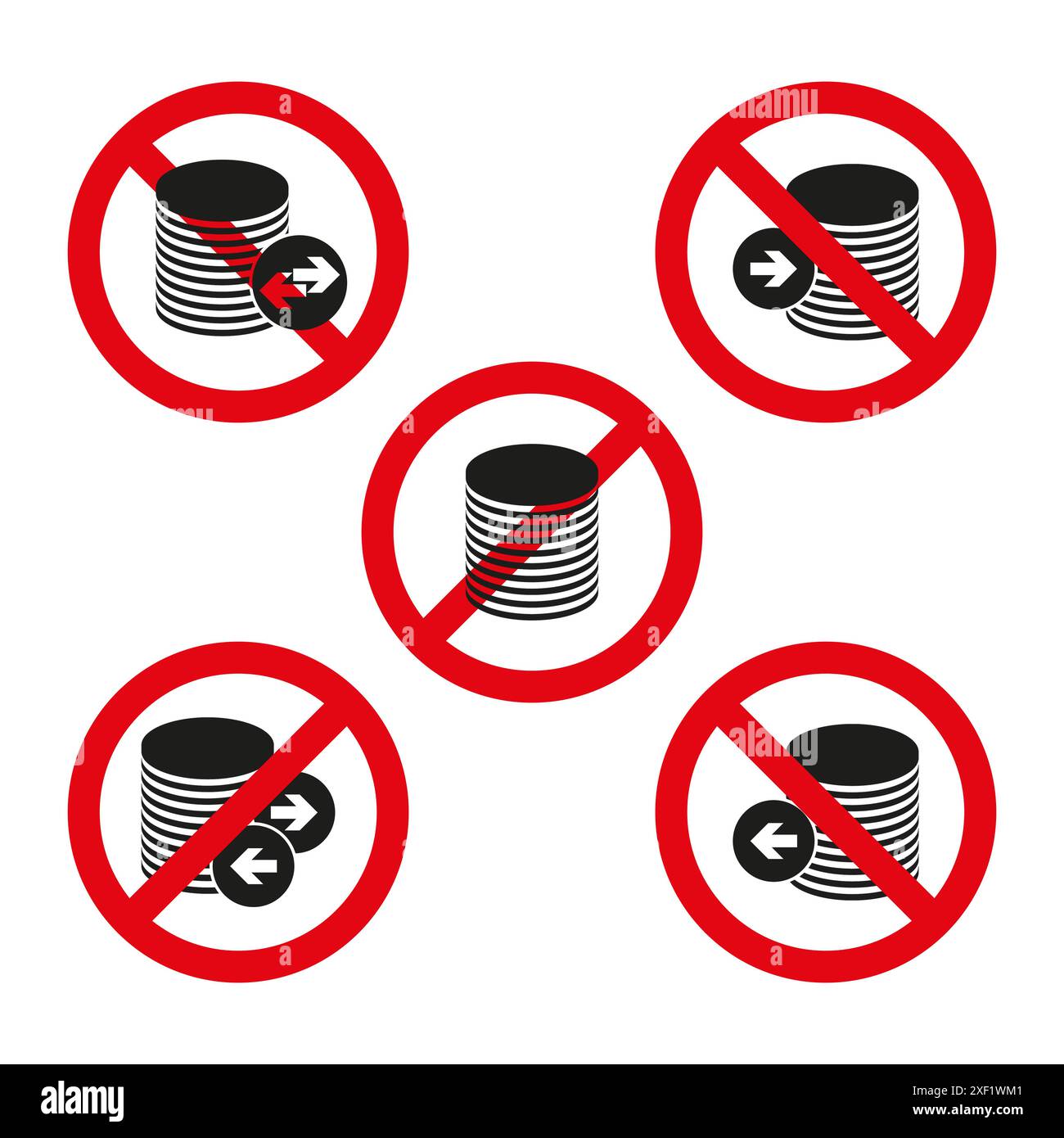 No data transfer icons. Red prohibition signs. Black database symbols. Data exchange forbidden ...