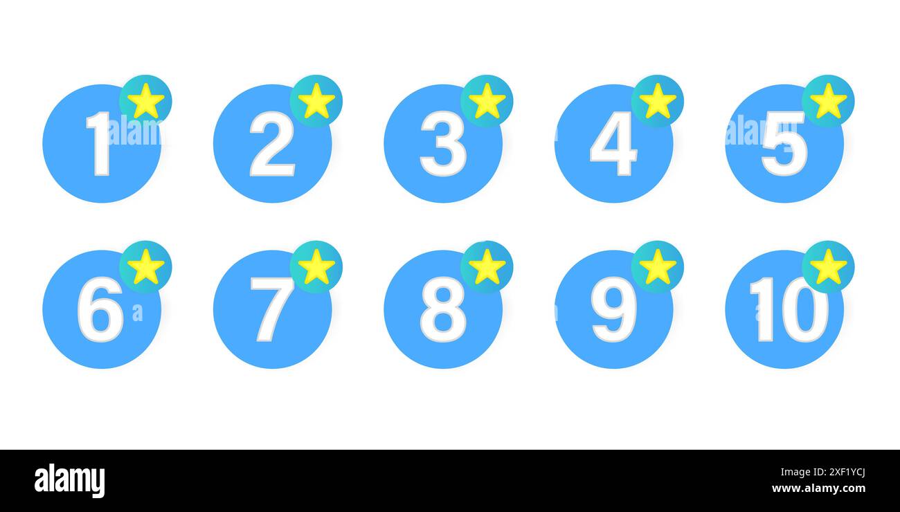 Number badges set. Blue circles. Yellow star accent. Vector ...