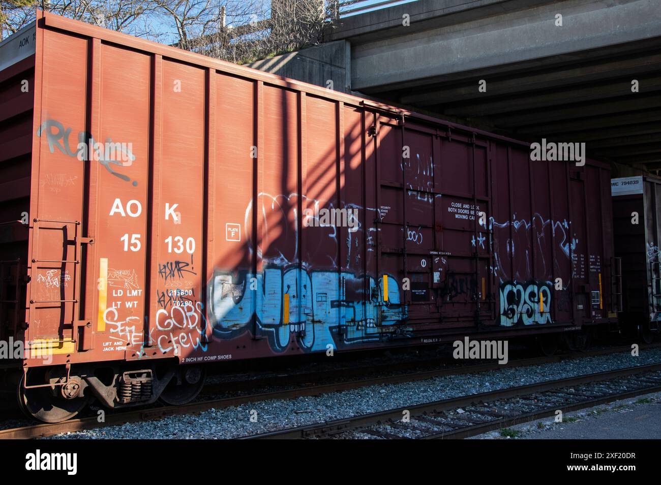 Graffiti tagged on rail cars on Station Street in downtown Saint John ...