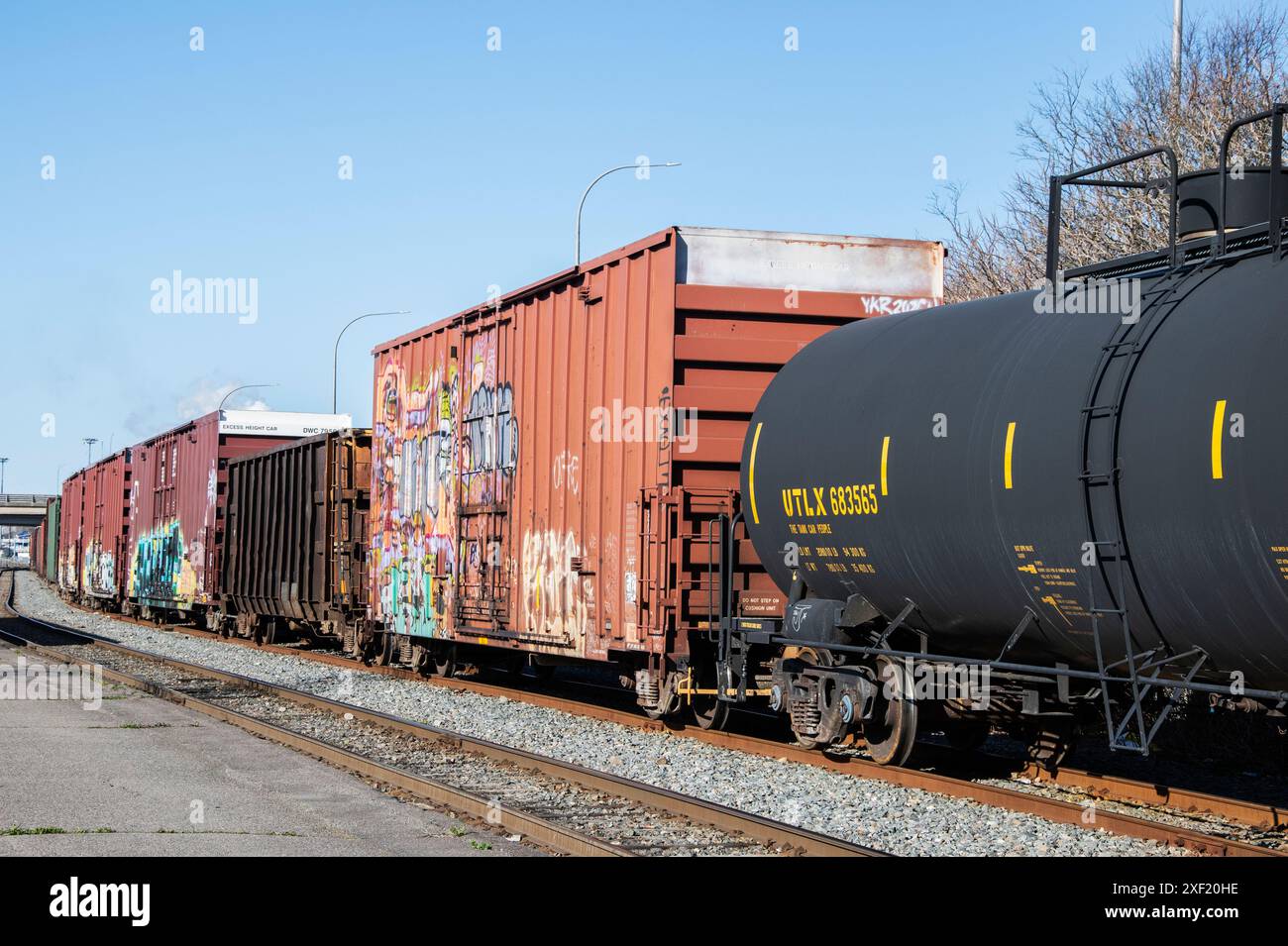 Graffiti tagged on rail cars on Station Street in downtown Saint John ...