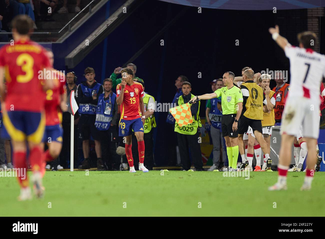 Cologne. 30th June, 2024. Lamine Yamal (C) of Spain reacts after his ...