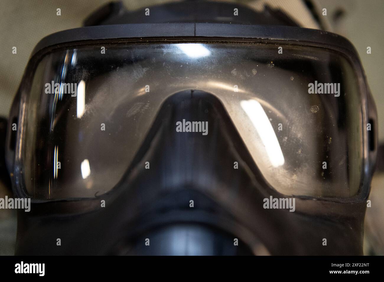 A detailed photo of an M50 gas mask, to be issued for use during the ...