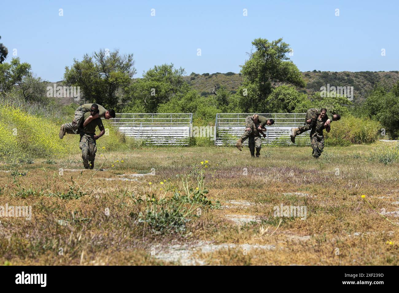 U.S. Marines and Navy corpsmen with 1st Marine Division fireman carry ...