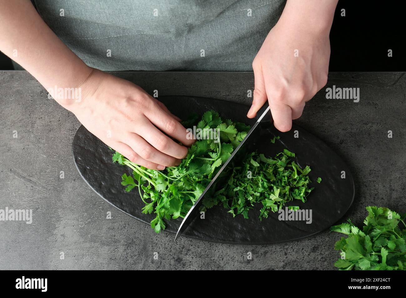 Woman cutting fresh coriander at grey textured table, top view Stock ...