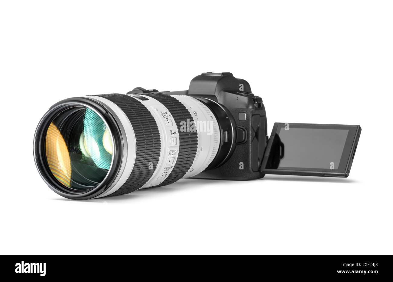 Modern camera isolated on white. Photographer's equipment Stock Photo ...
