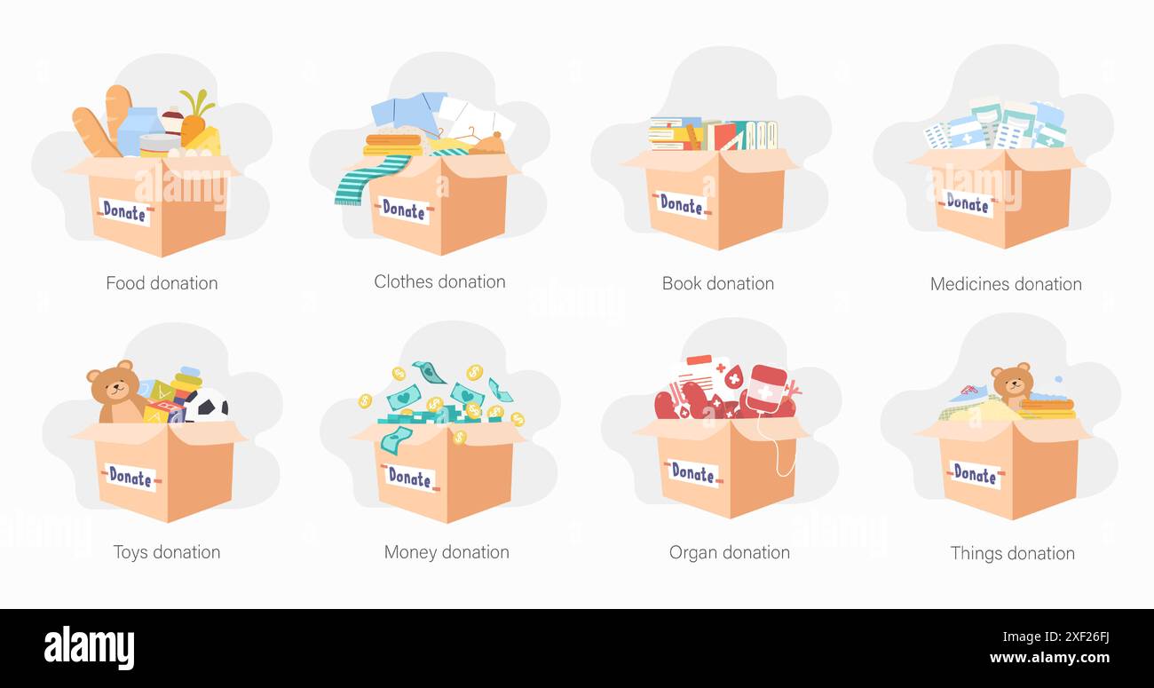 Vector Illustration of Various Donation Boxes Including Food, Clothes, Books, Medicines, Toys ...