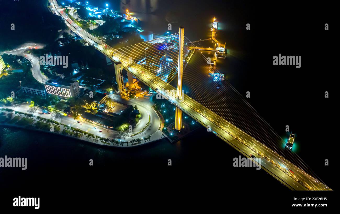 Aerial view of Bai Chay bridge night lights shimmering two peninsula ...
