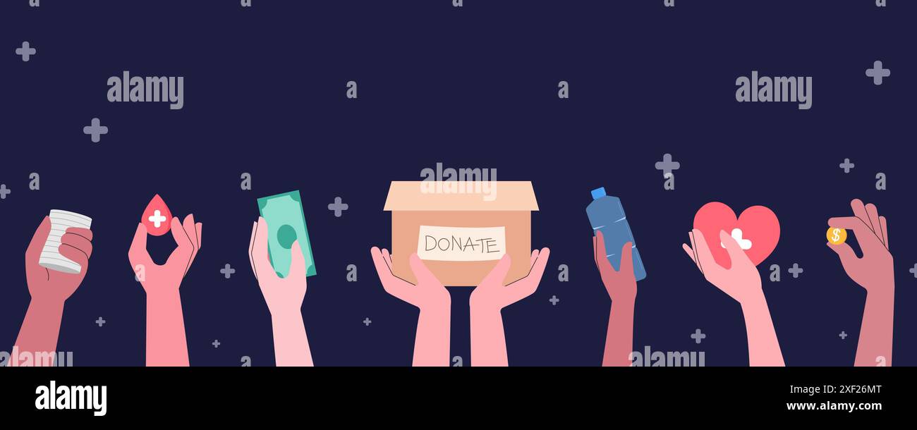 Colorful Donation Poster Vector with Diverse Hands Holding Various ...
