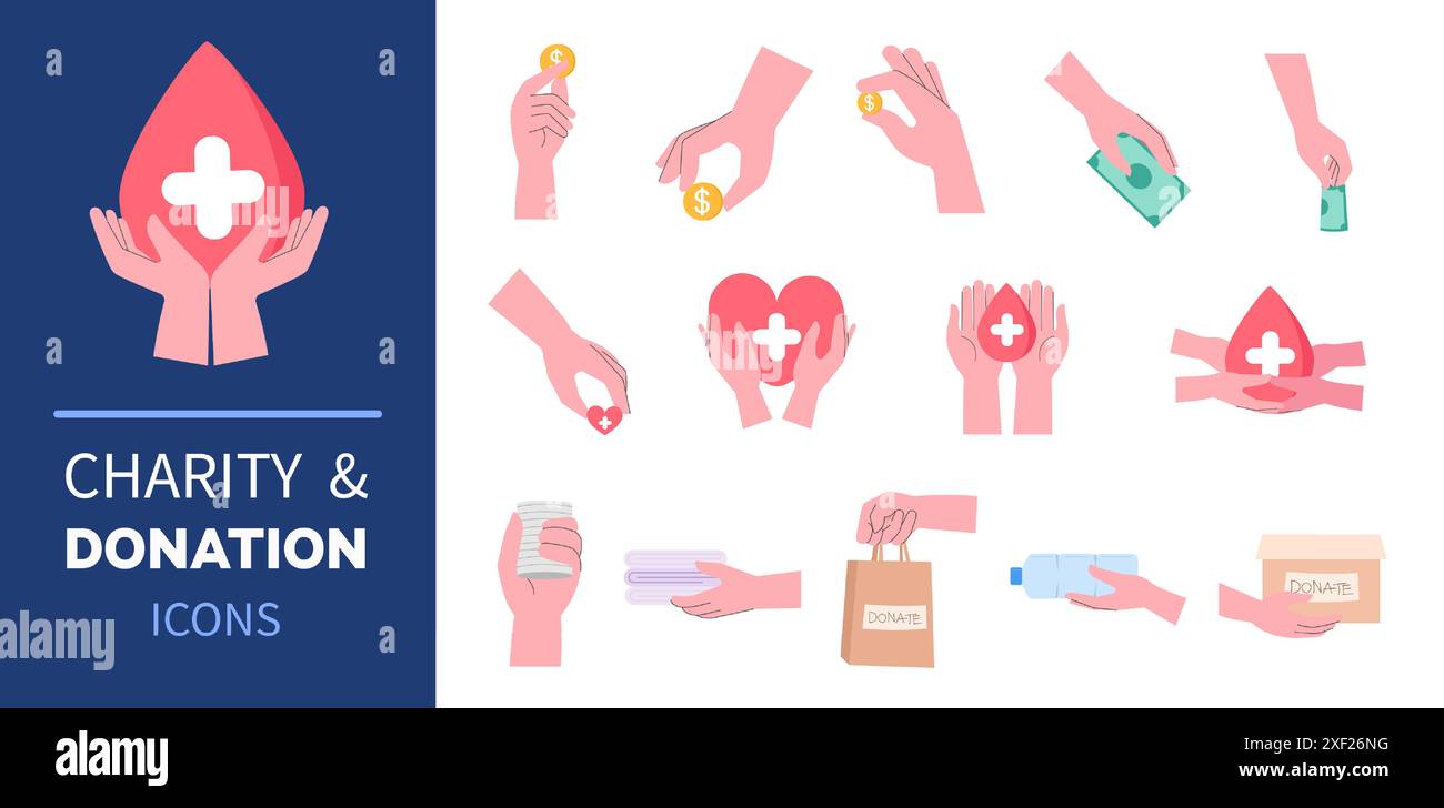 Hand Donation Icons Set - Charity, Giving, Helping, and Support Symbols for Non-Profit and ...