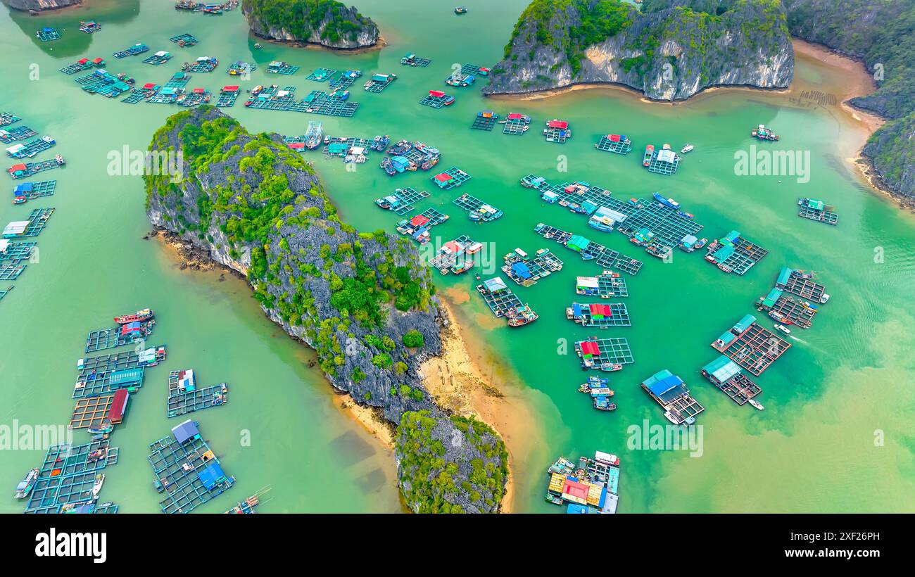Aerial view of floating villages around Cat Ba islands. Cat Ba is the ...