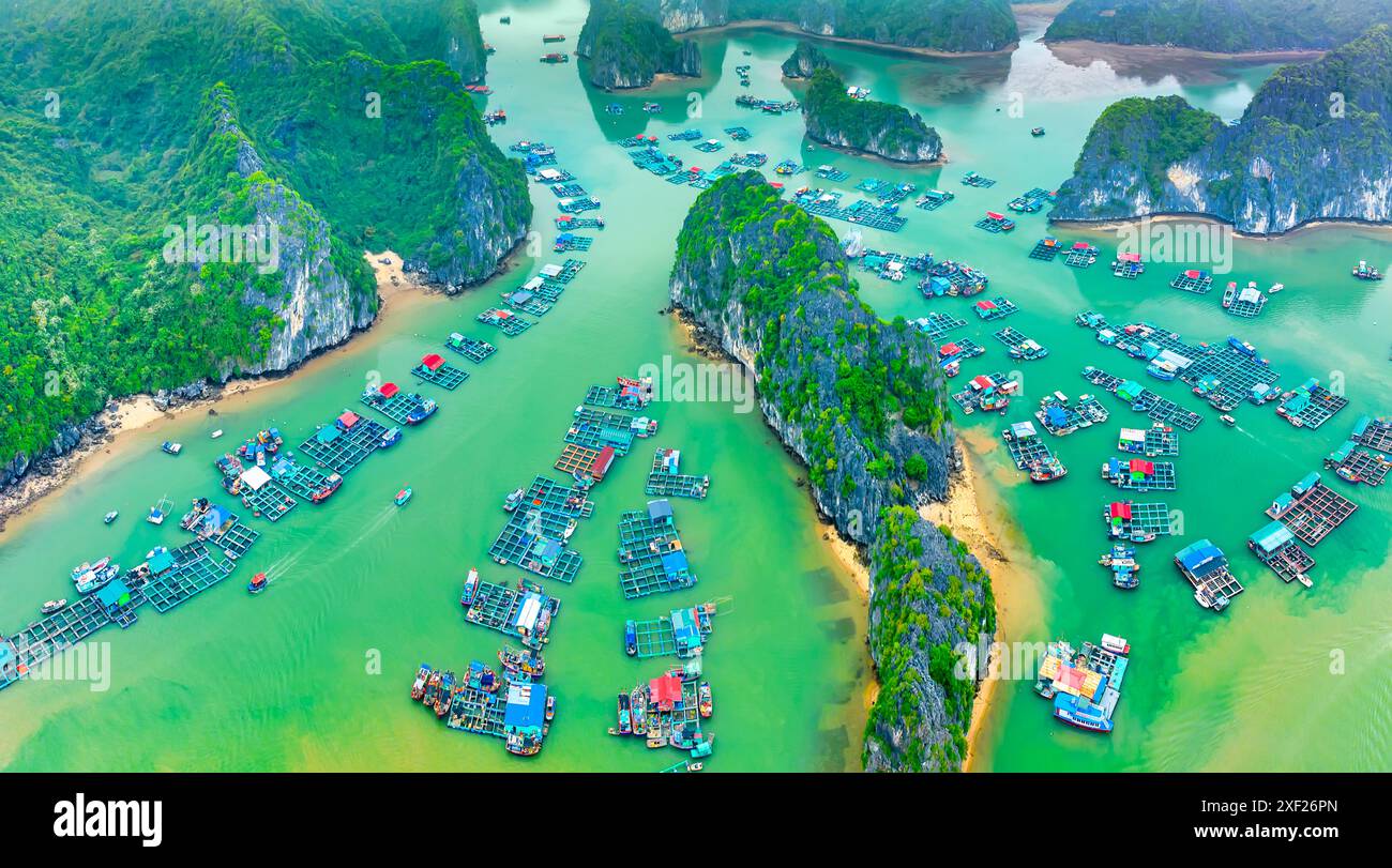 Aerial view of floating villages around Cat Ba islands. Cat Ba is the ...