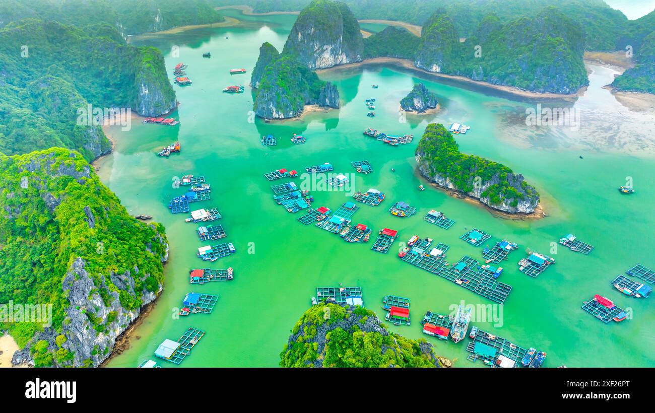Aerial view of floating villages around Cat Ba islands. Cat Ba is the ...