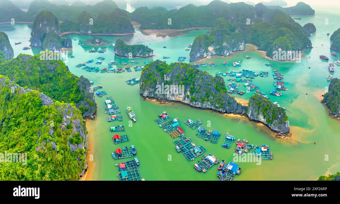 Aerial view of floating villages around Cat Ba islands. Cat Ba is the ...