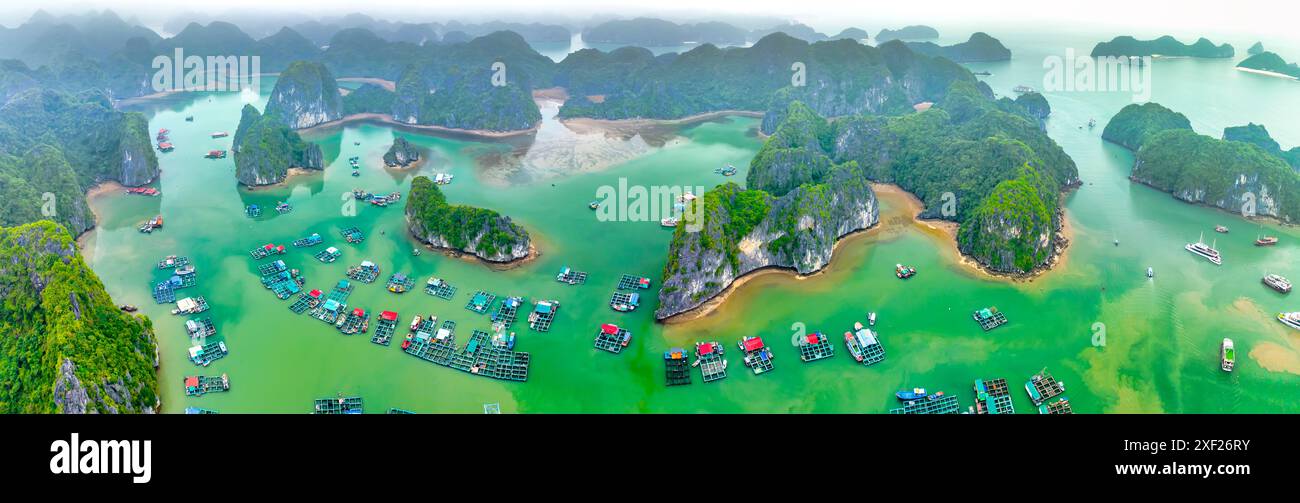 Aerial view of floating villages around Cat Ba islands. Cat Ba is the ...