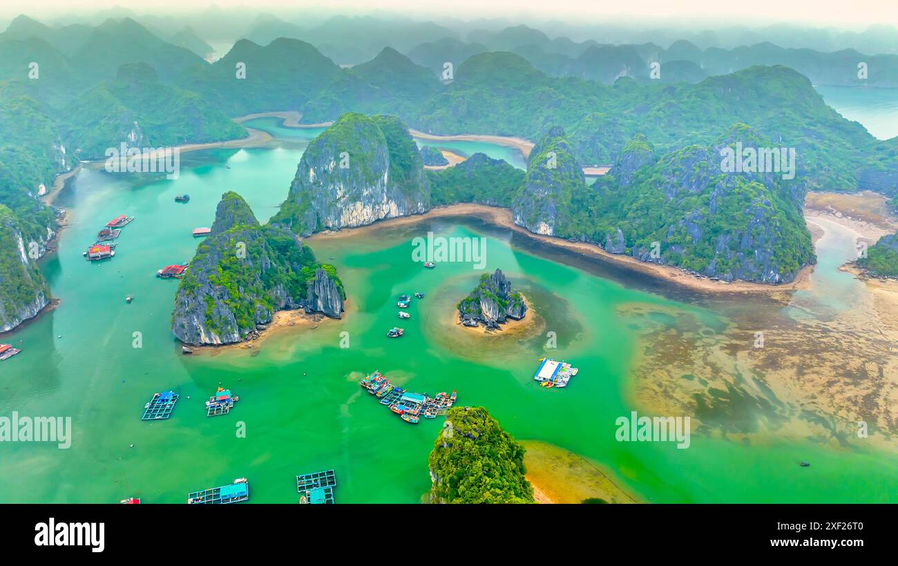 Aerial view of floating villages around Cat Ba islands. Cat Ba is the ...