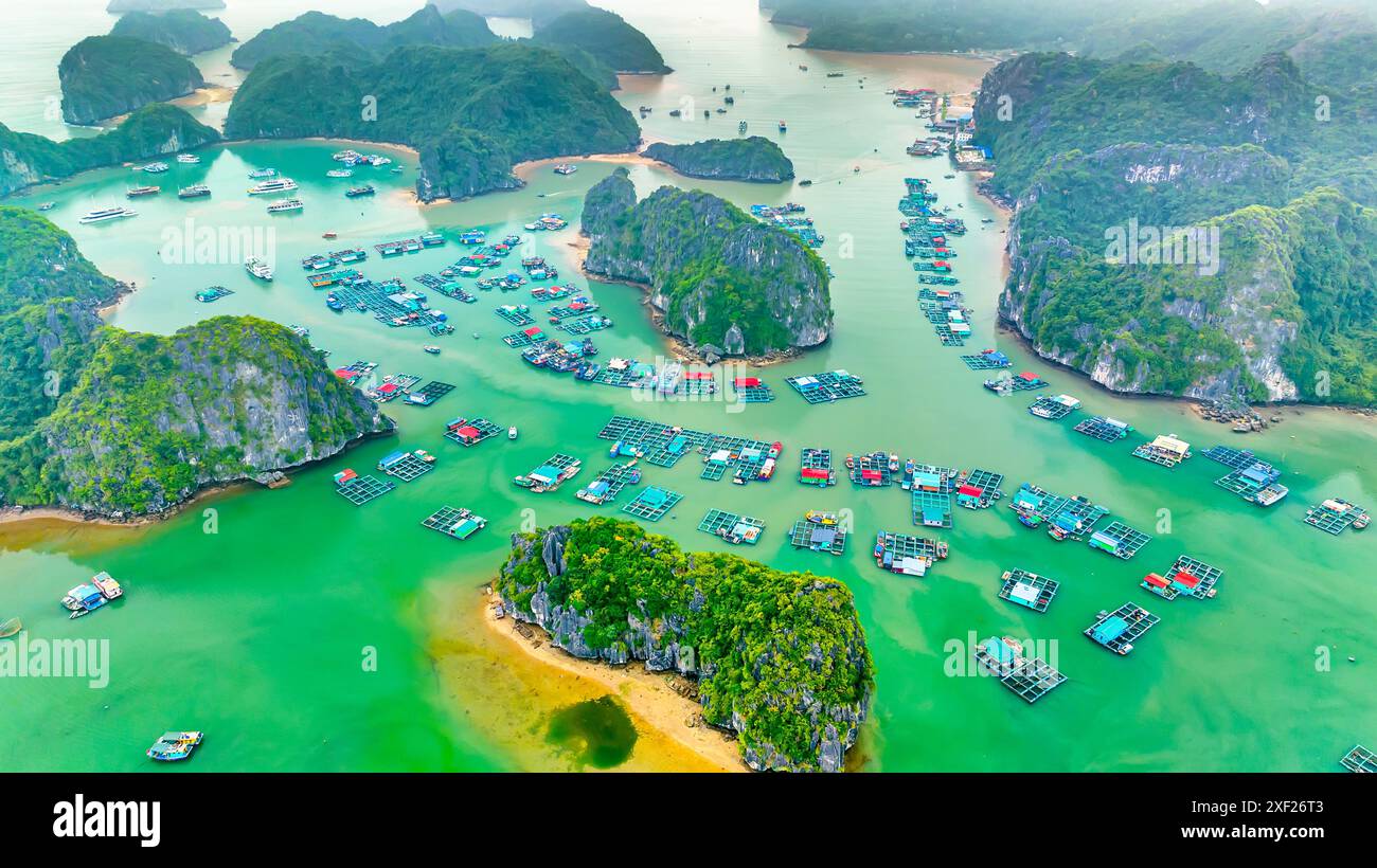Aerial view of floating villages around Cat Ba islands. Cat Ba is the ...