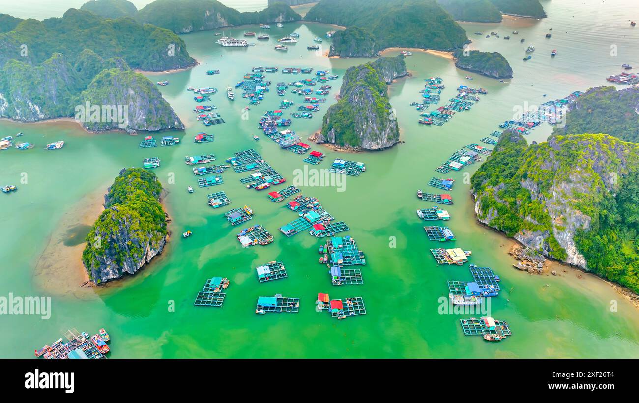 Aerial view of floating villages around Cat Ba islands. Cat Ba is the ...