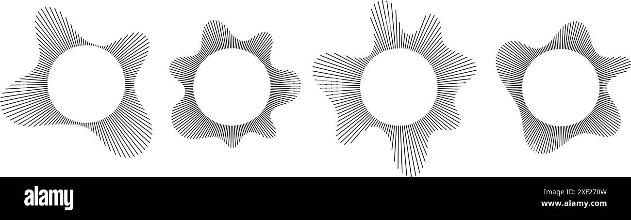 Black radial sound wave line pattern set. Circular audio, music or ...