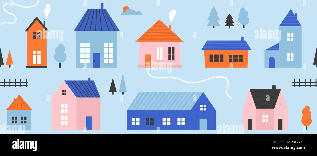 Small cute house seamless pattern. Cartoon village town repeated ...
