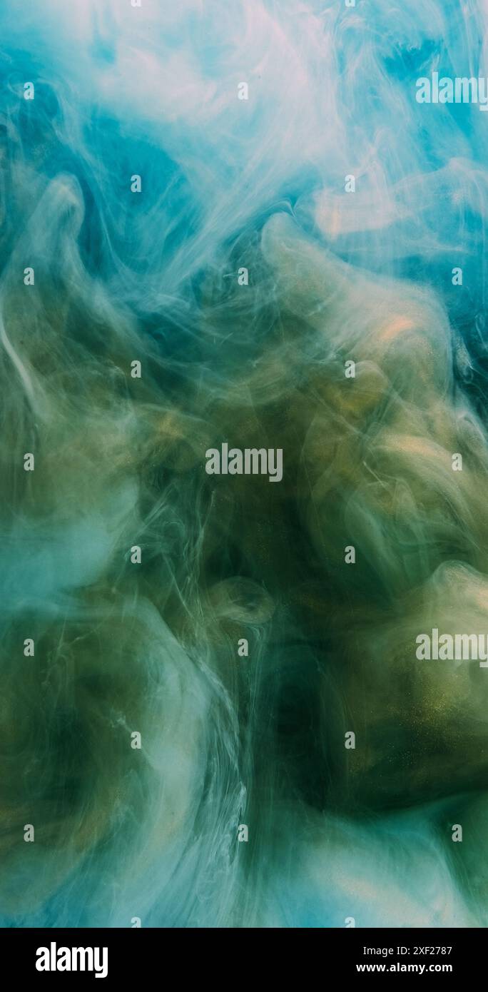 Flying steam. Smoke dust. Green ink fog over dark glitter background ...