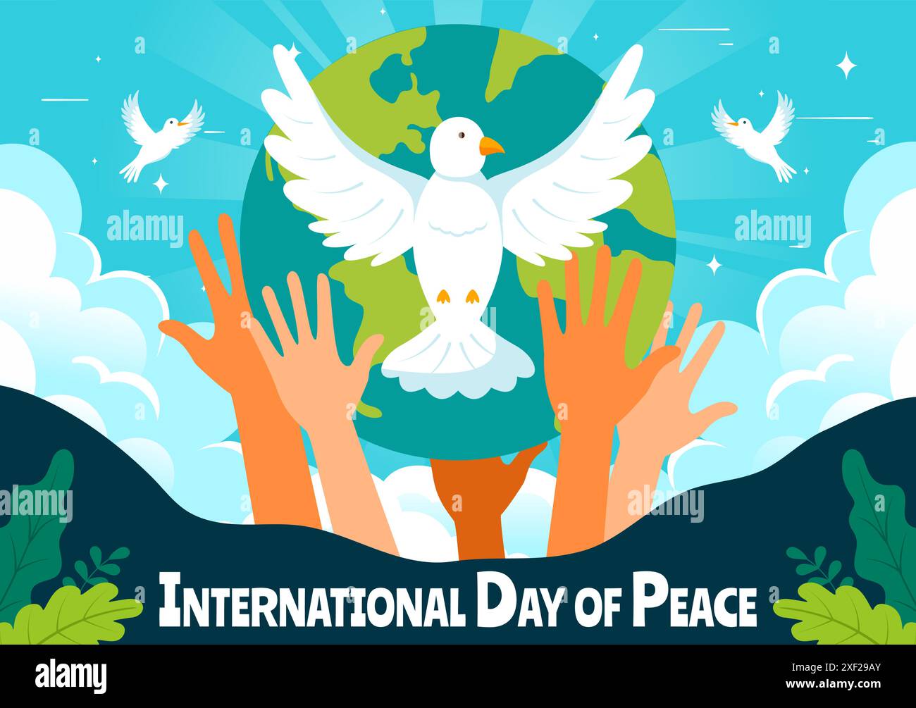 International Peace Day Vector Illustration with Hands, Pigeon, Globe ...