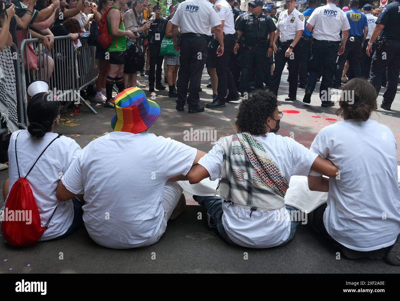 New York, United States. 01st July, 2024. Free Palestine protesters sit ...