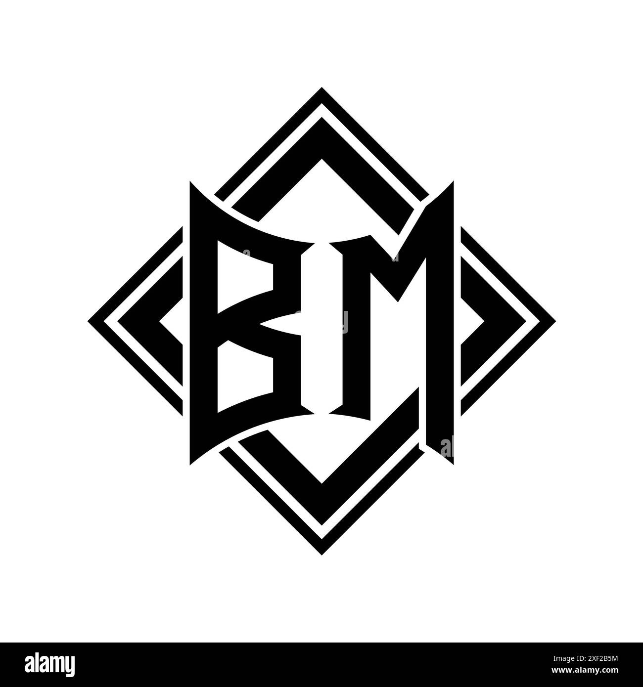 BM Letter logo with abstract shield shape with square black outline on white background template ...