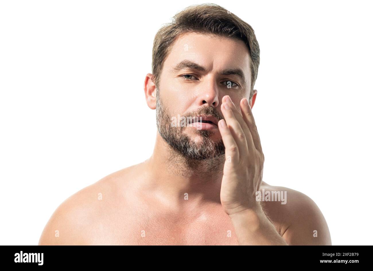 Man cosmetic, skin treatment on studio background. Hygiene and face. Matural mens cosmetics and ...