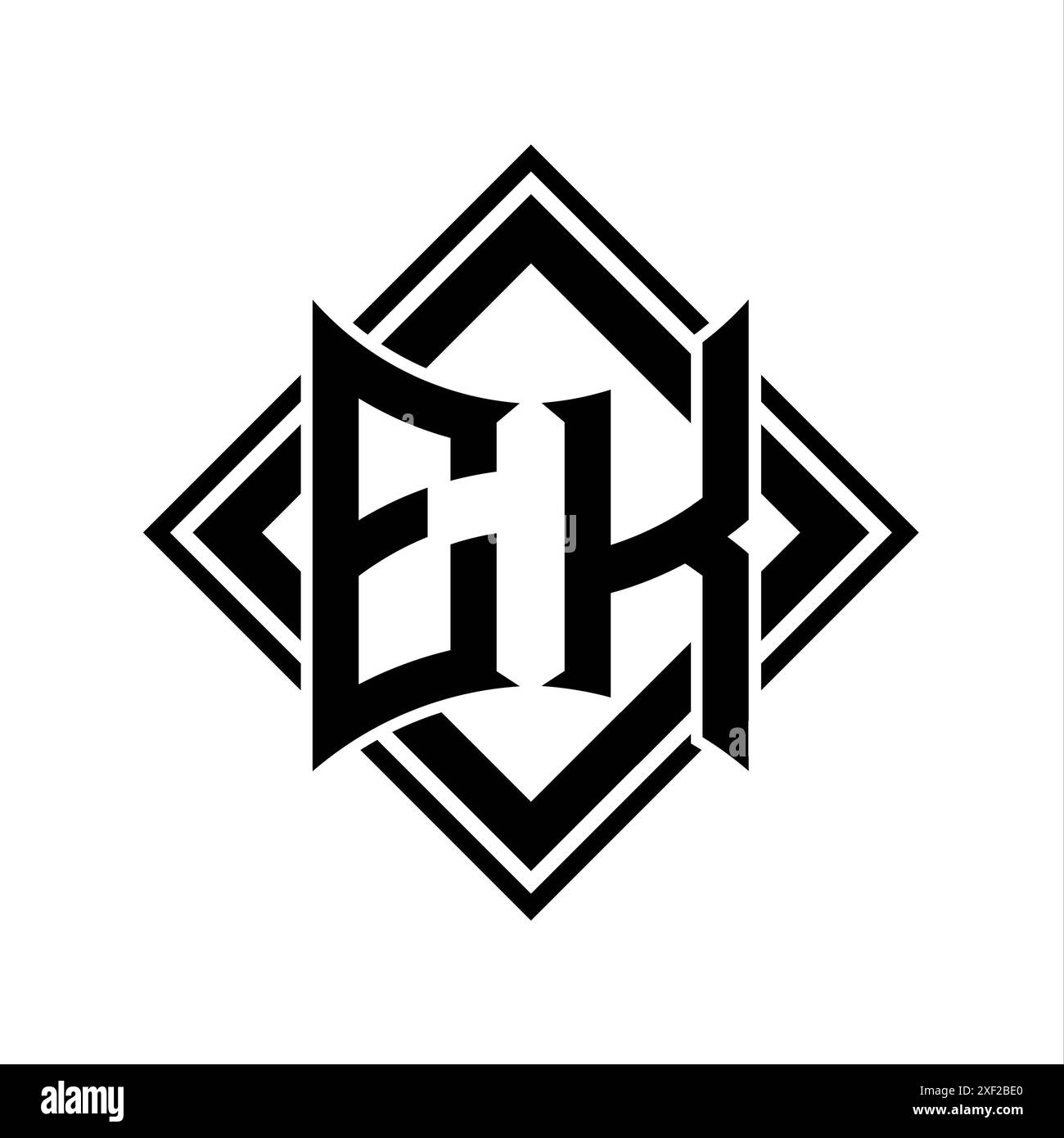 EK Letter logo with abstract shield shape with square black outline on white background template ...