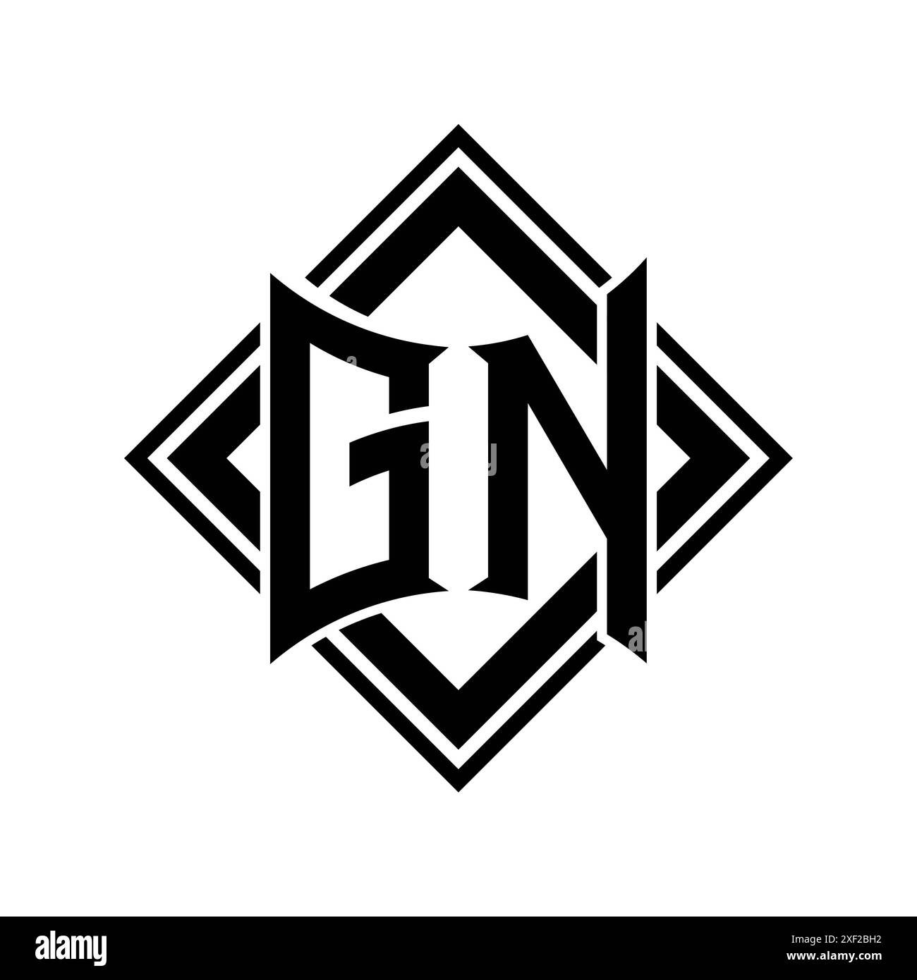 GN Letter logo with abstract shield shape with square black outline on white background template ...
