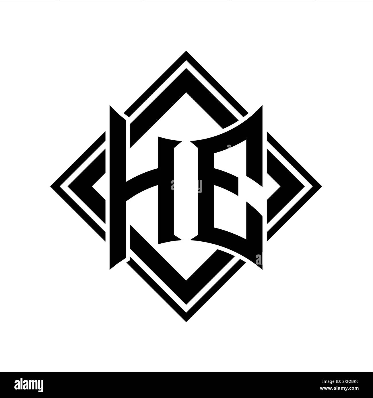 HE Letter logo with abstract shield shape with square black outline on ...