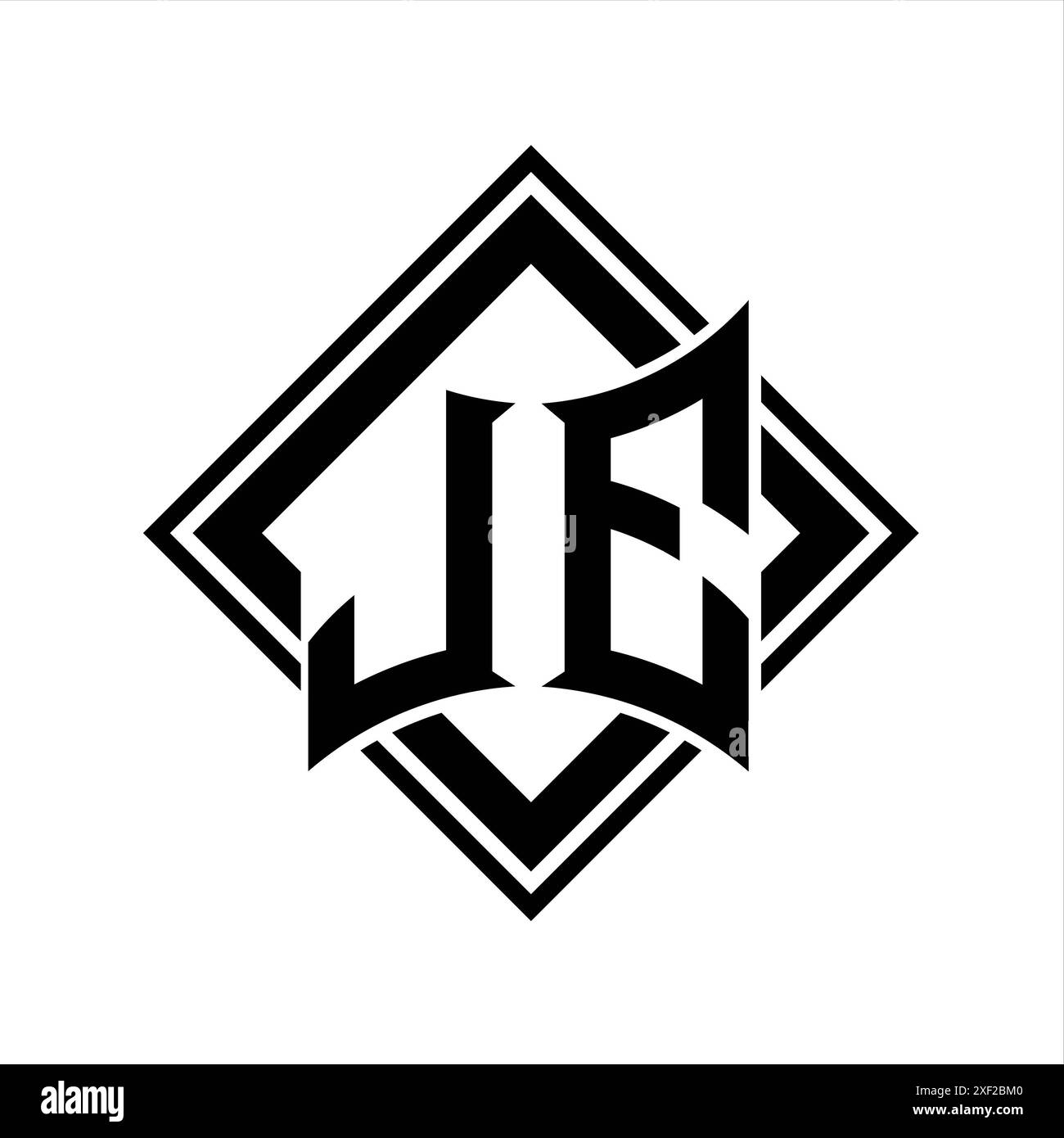 JE Letter logo with abstract shield shape with square black outline on ...