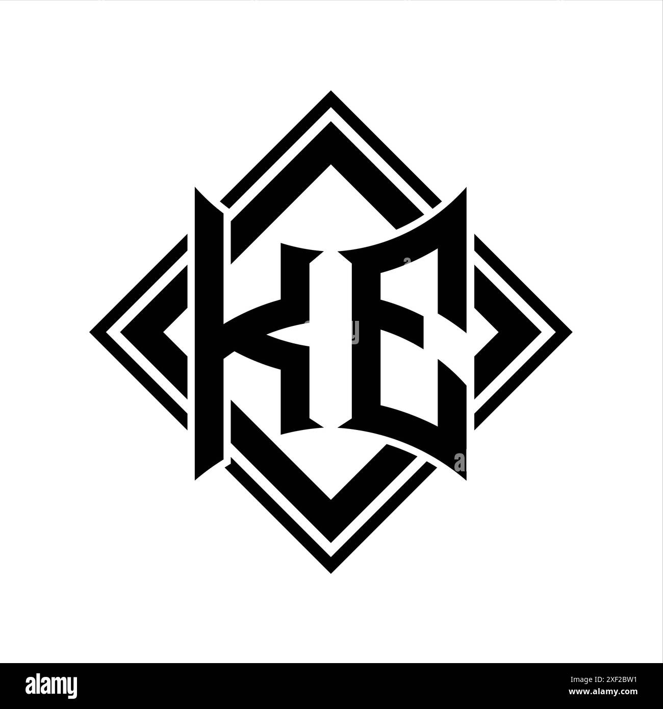 KE Letter logo with abstract shield shape with square black outline on white background template ...