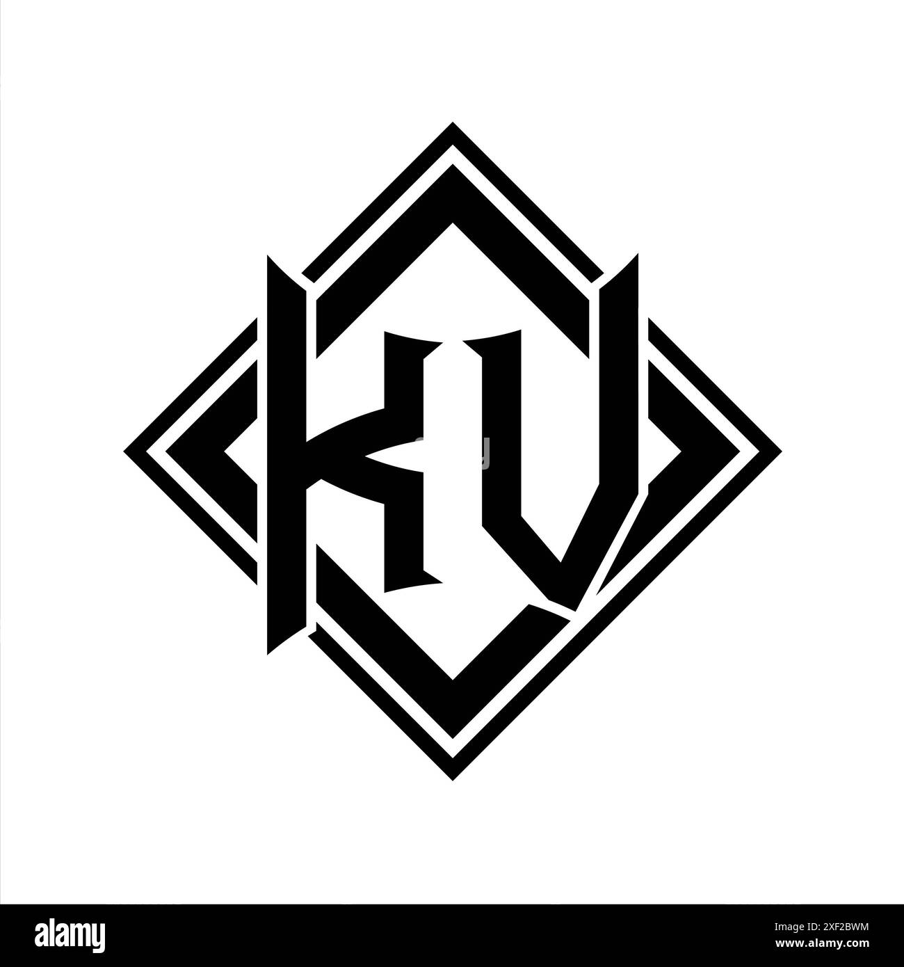 KV Letter logo with abstract shield shape with square black outline on white background template ...