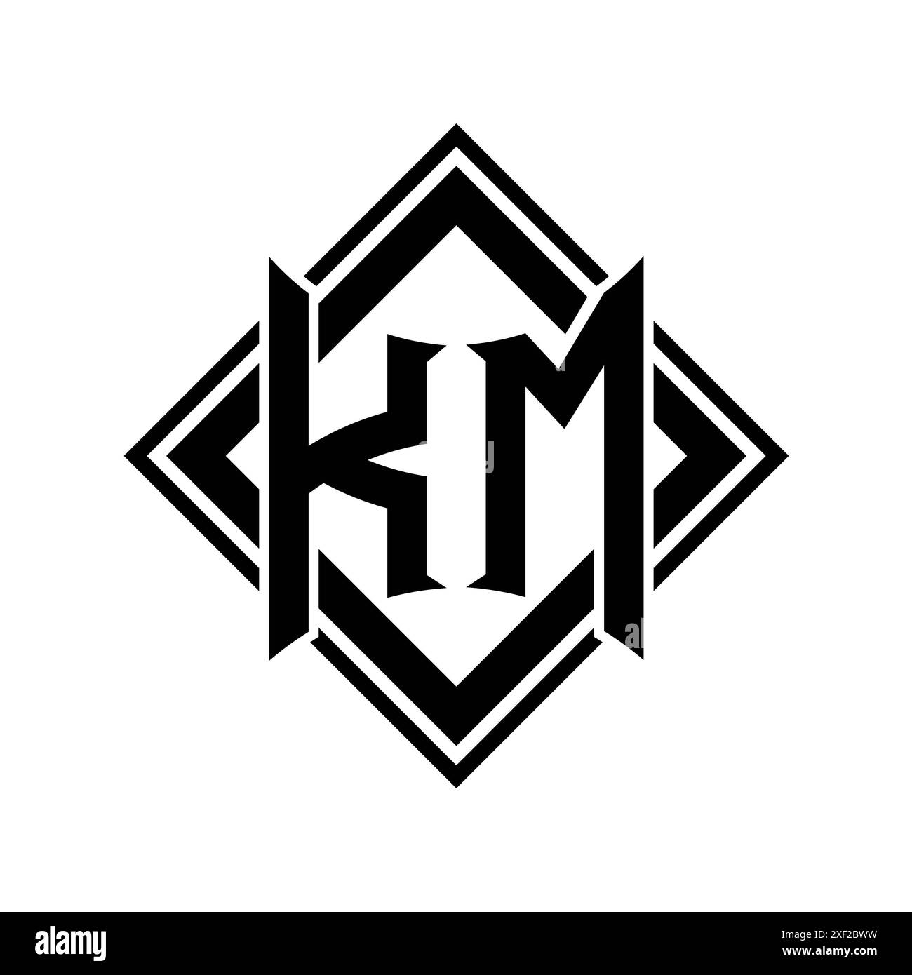 KM Letter logo with abstract shield shape with square black outline on white background template ...