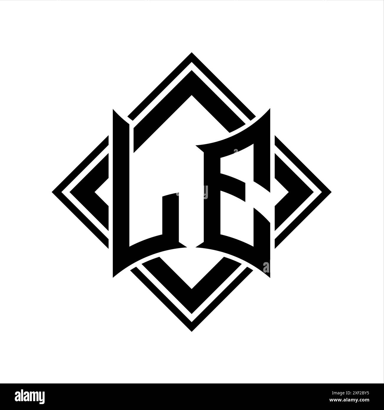 LE Letter logo with abstract shield shape with square black outline on ...