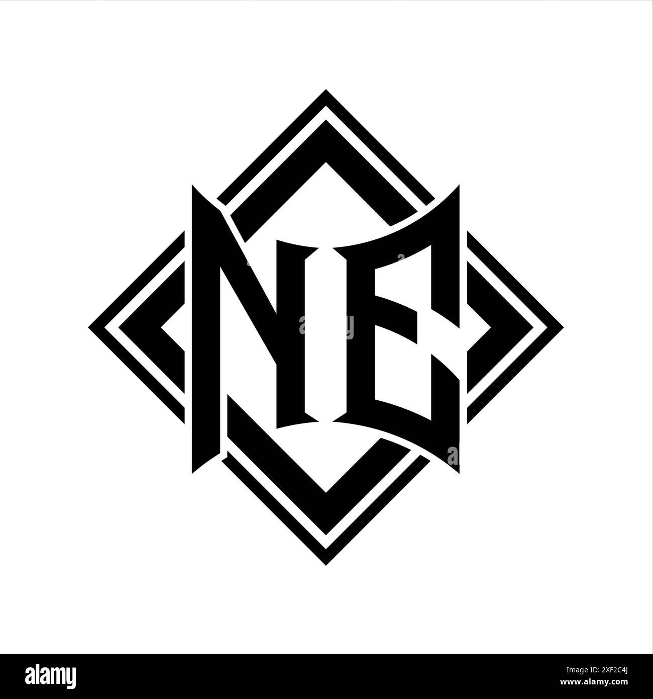 NE Letter logo with abstract shield shape with square black outline on ...