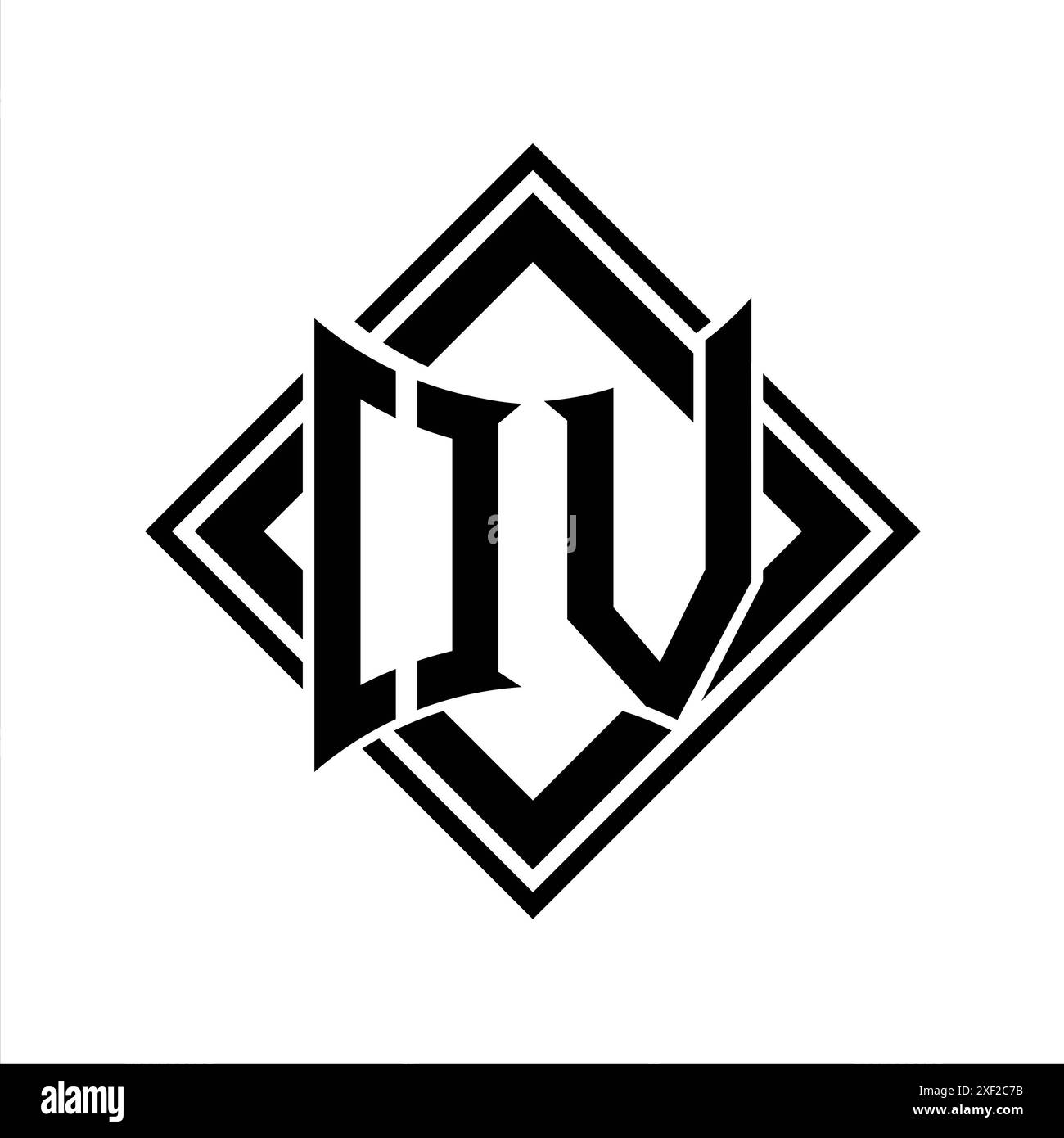 OV Letter logo with abstract shield shape with square black outline on white background template ...